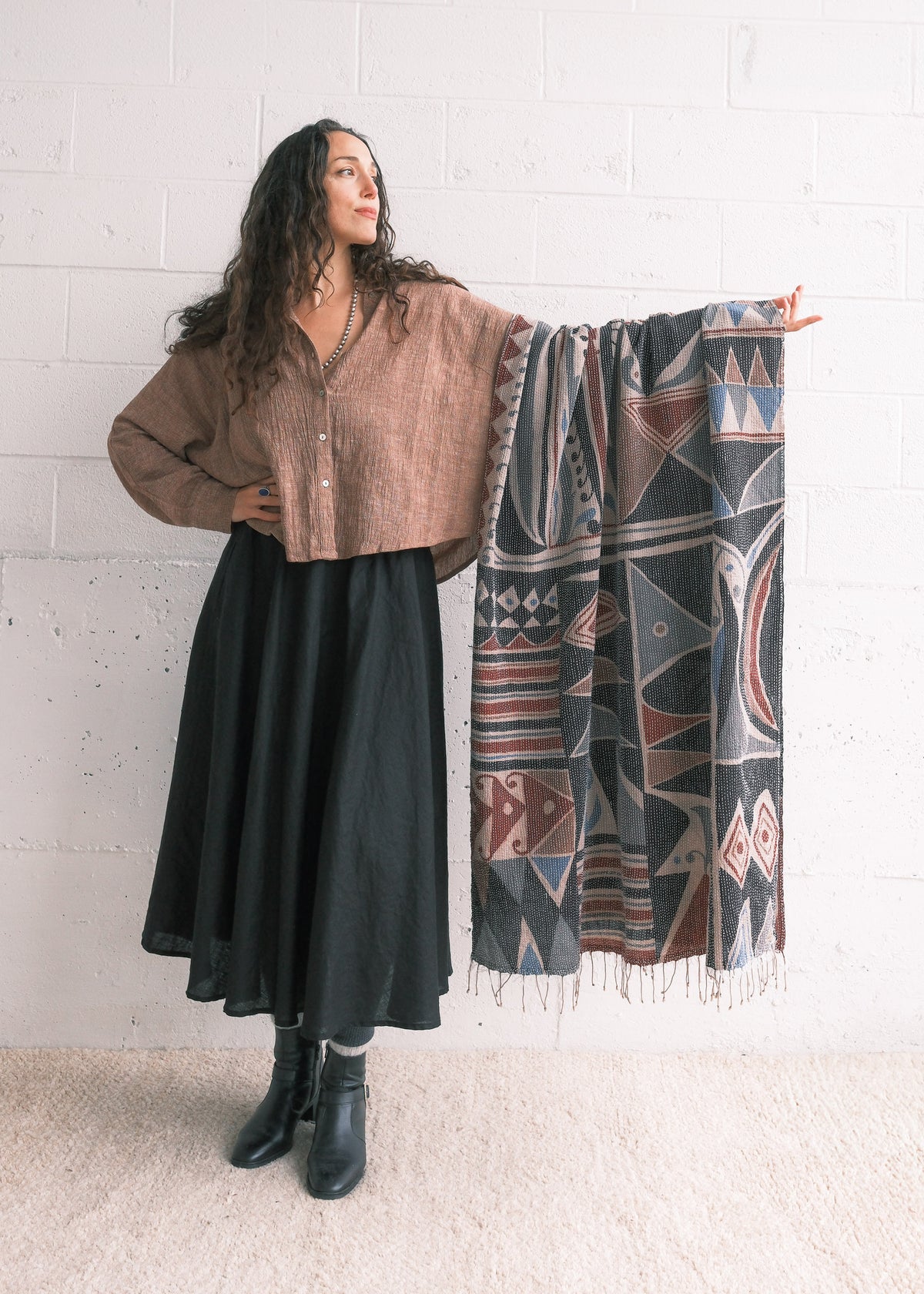 Haridra Hand Painted Cotton Shawl - Kantha Stitched - Pacific Sands– MAIWA