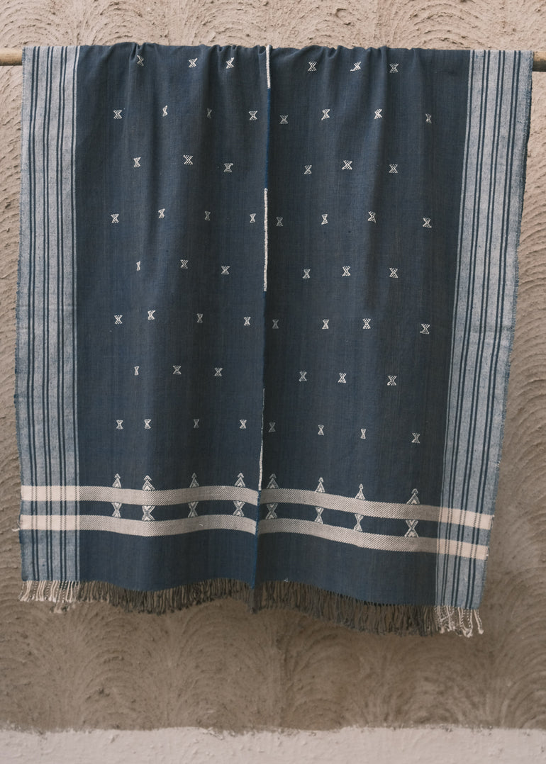Bhujodi Throw - Handwoven Kala Cotton - Indigo & Clay– MAIWA