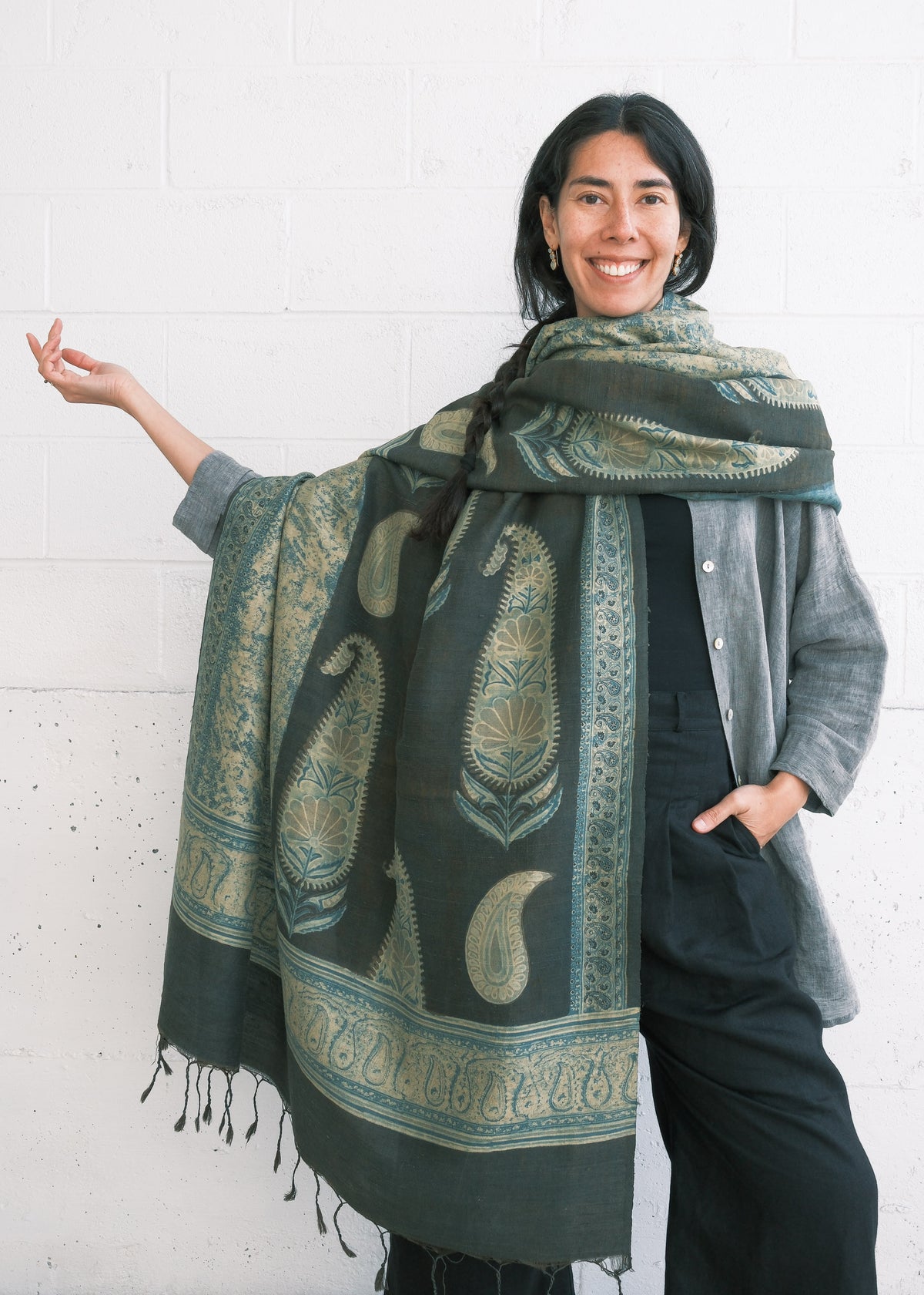 Mumbai Block Print Shawl - Handwoven Silk - Evening Blooms– MAIWA